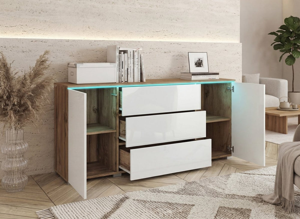 Buffet commode 2 portes 3 tiroirs chêne et blanc avec LED - ALEXIA